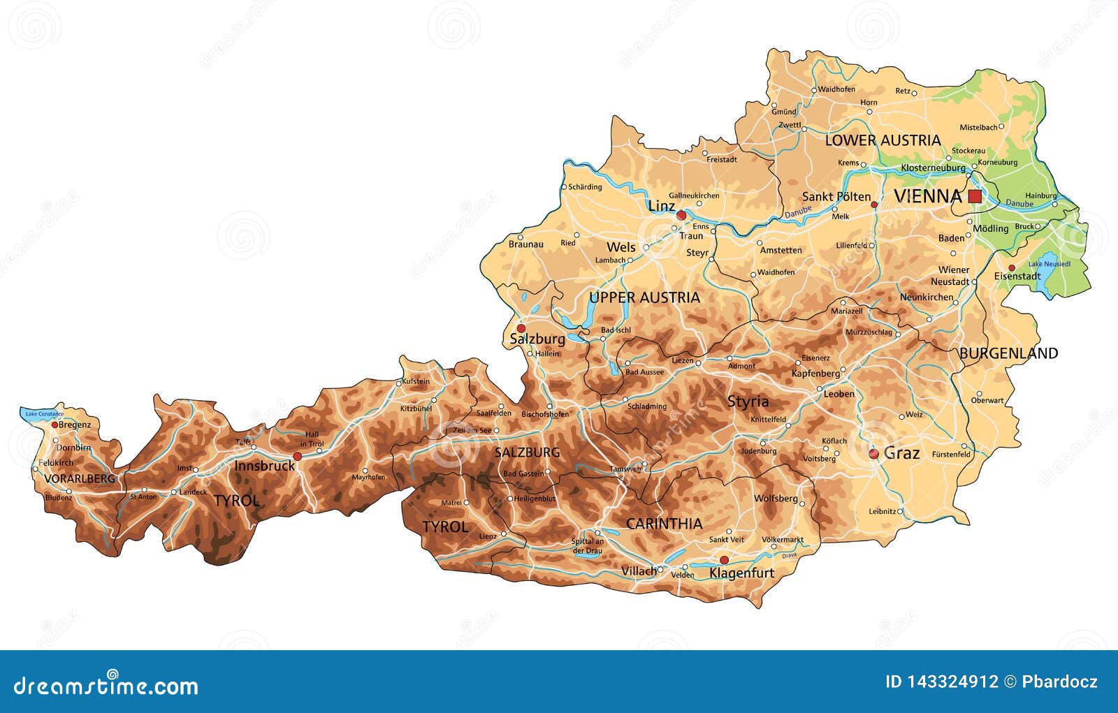 High Detailed Austria Physical Map with Labeling. Stock Vector ...