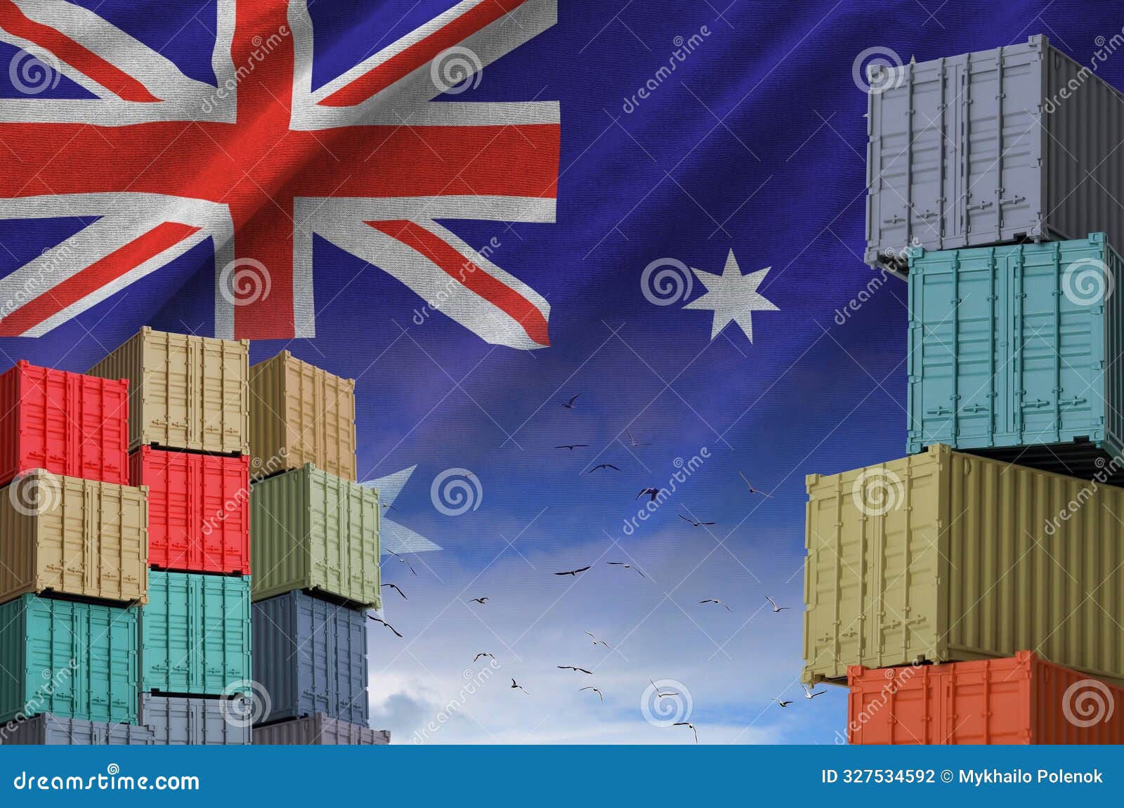 Australia Flag and Big Stack of Shipping Cargo Containers in Docks with Sky Background Stock ...