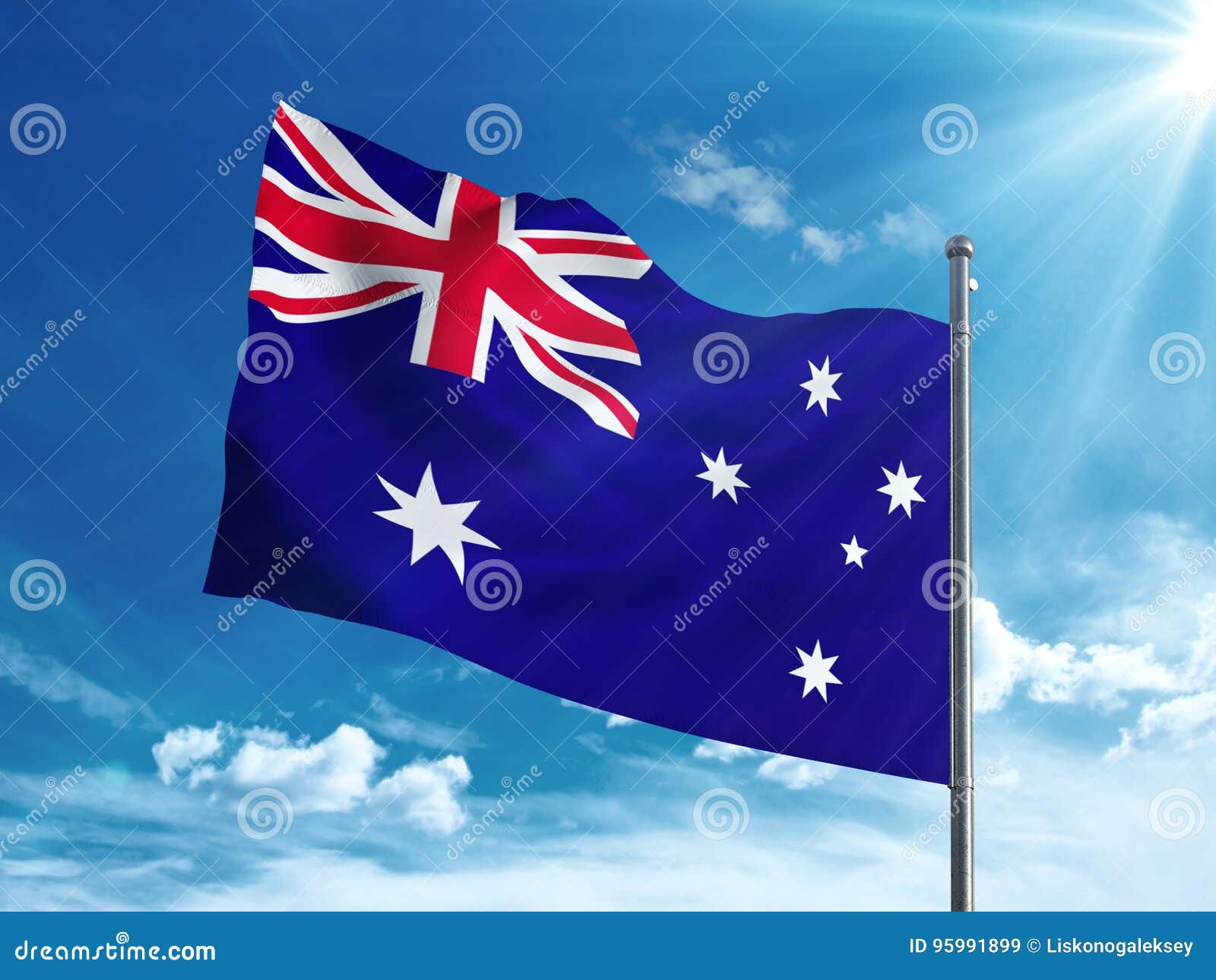 Australia Flag Waving in the Blue Sky Stock Illustration - Illustration ...