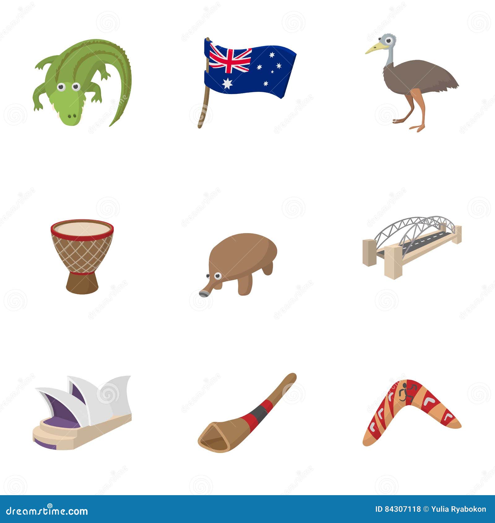 Australia Icons Set, Cartoon Style Stock Vector - Illustration of icon ...