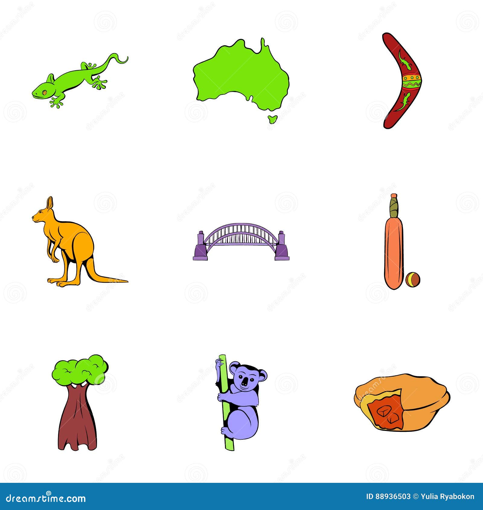 Australia Icons Set, Cartoon Style Stock Vector - Illustration of ...