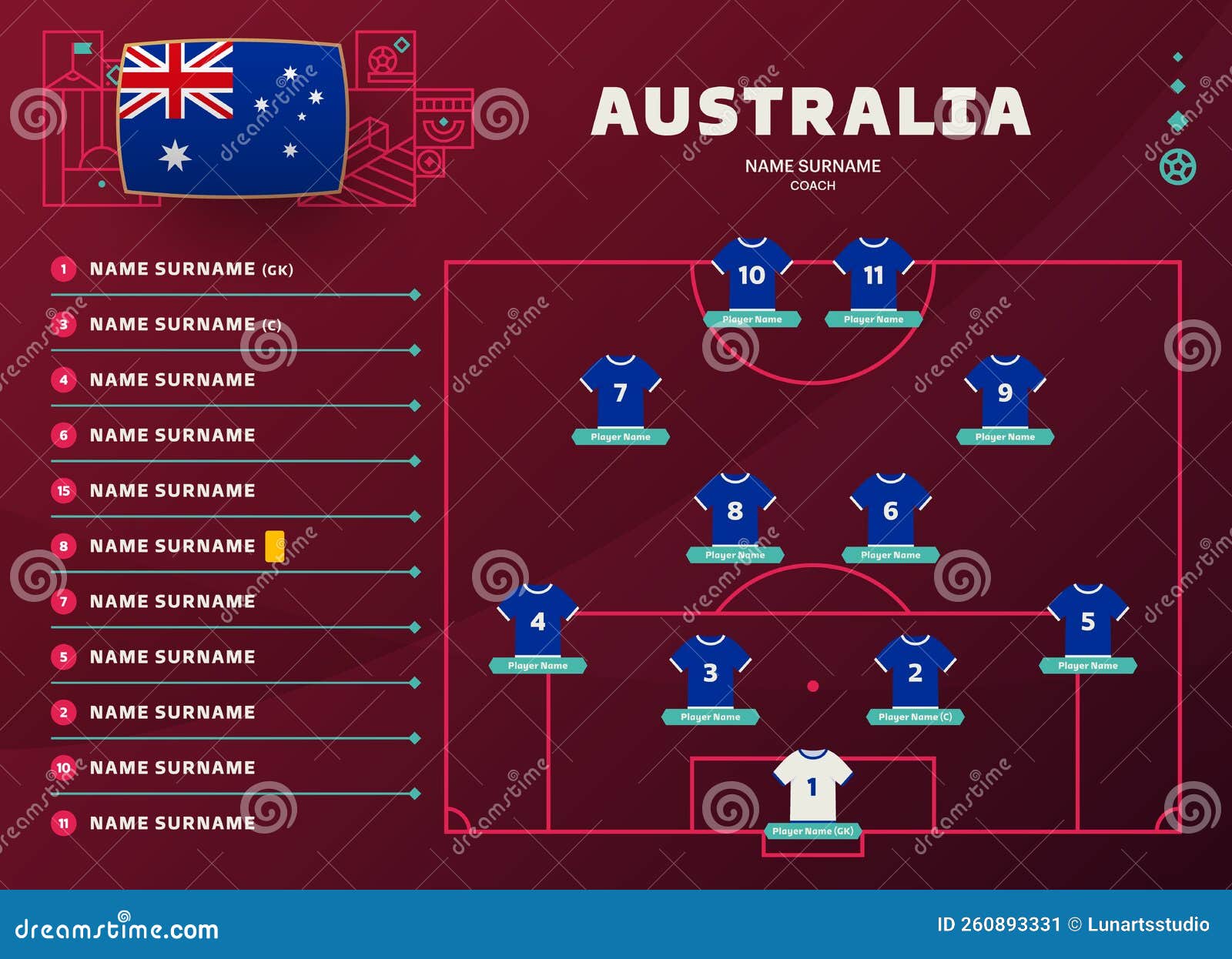 Australia Line Up World Football 2022 Tournament Final Stage Vector