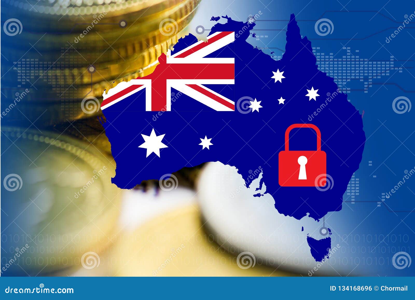 Australia Map with Security Symbol and Coin on Technology Background ...