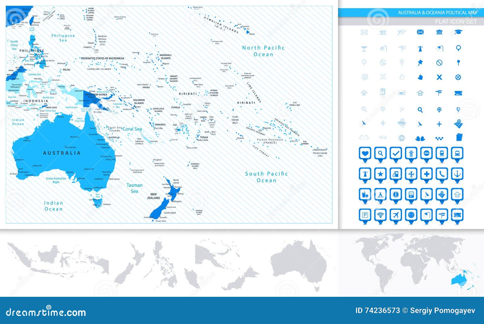 Australia and Oceania Map in Colors of Blue and Map Pointers Col Stock ...