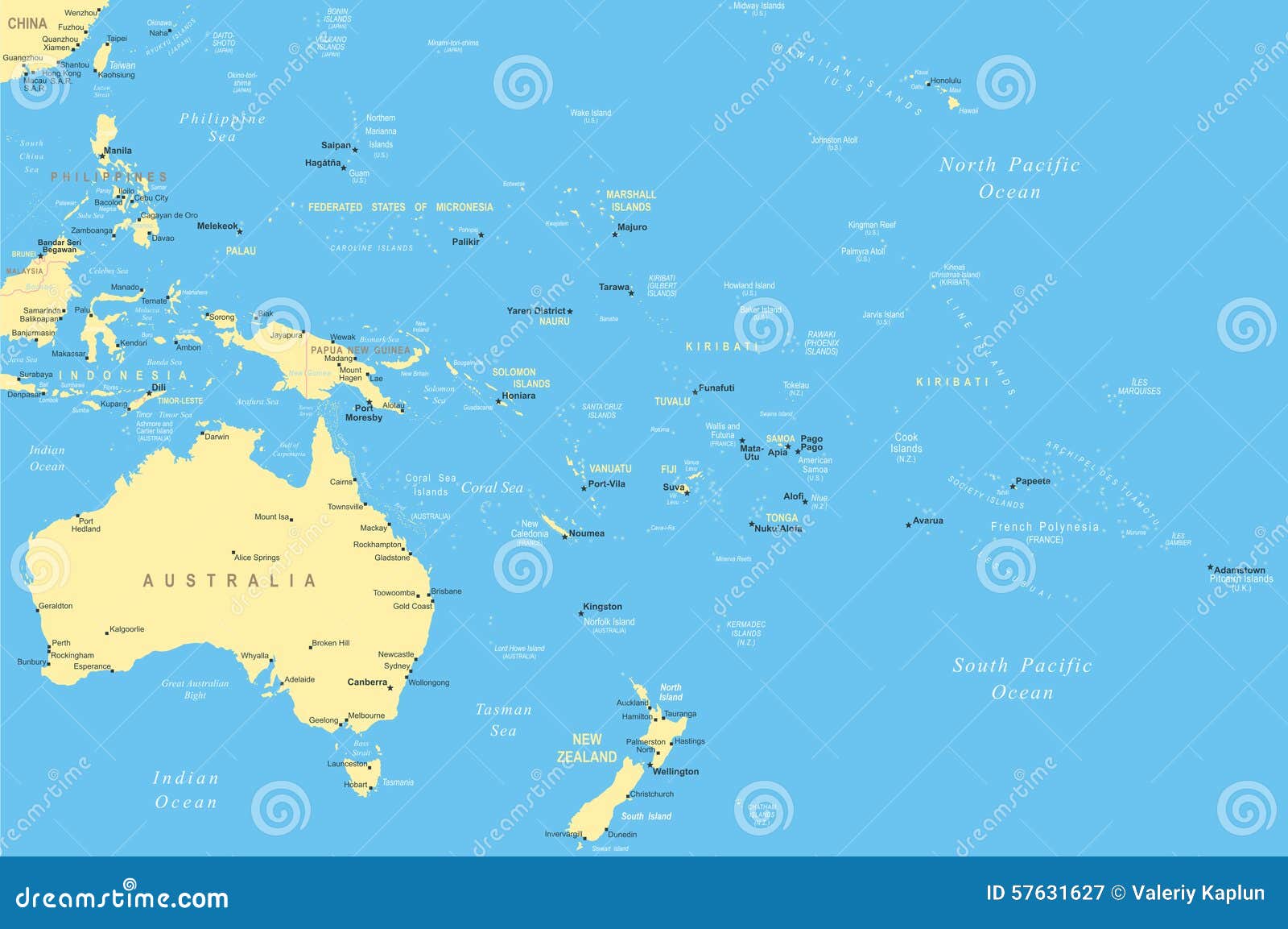 Oceania Highly Detailed Physical Map Cartoon Vector | CartoonDealer.com ...