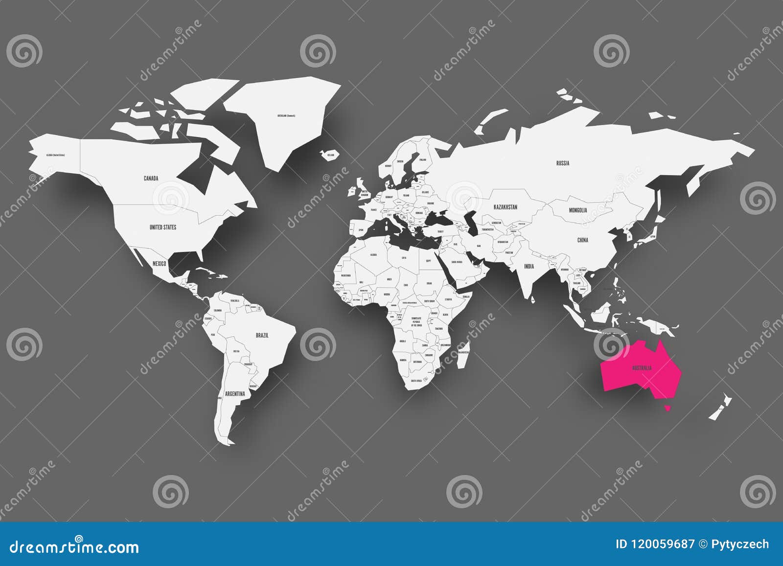 Australia Pink Highlighted in Map of World. Light Grey Simplified Map ...