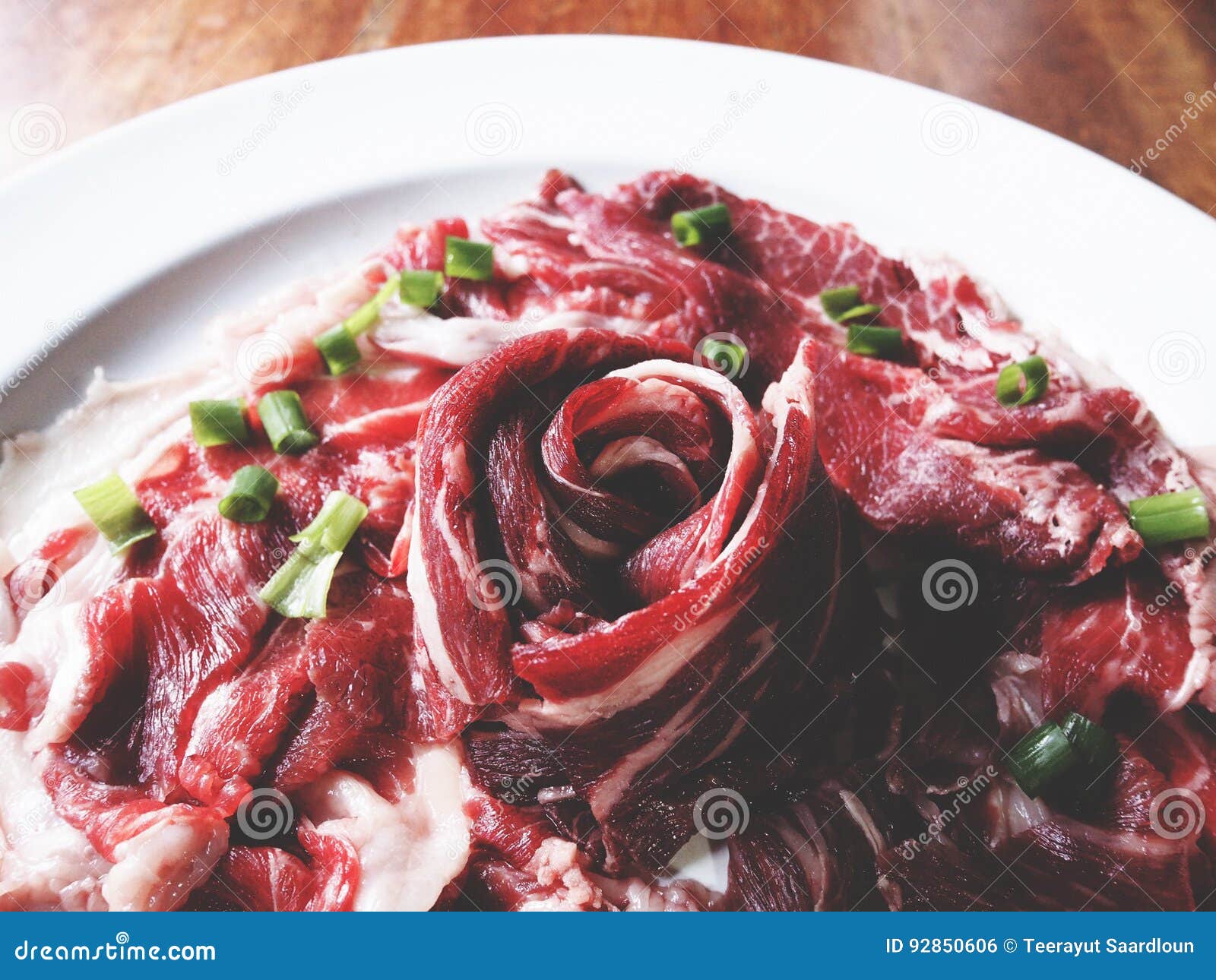 This is Australia Raw Beef Slice in White Plate, Soft Tone Stock Photo ...