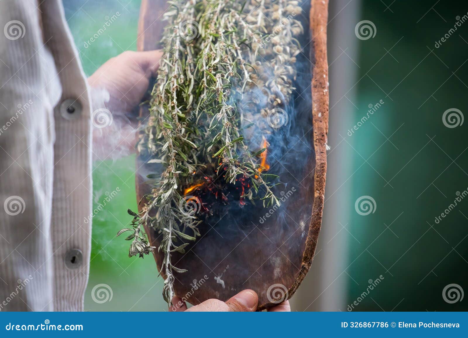 Australian Aboriginal Ceremony, Man Hand with Green Branches and Flame ... Australian Aboriginal Ceremony, Man Hand with Green Branches and Flame ...