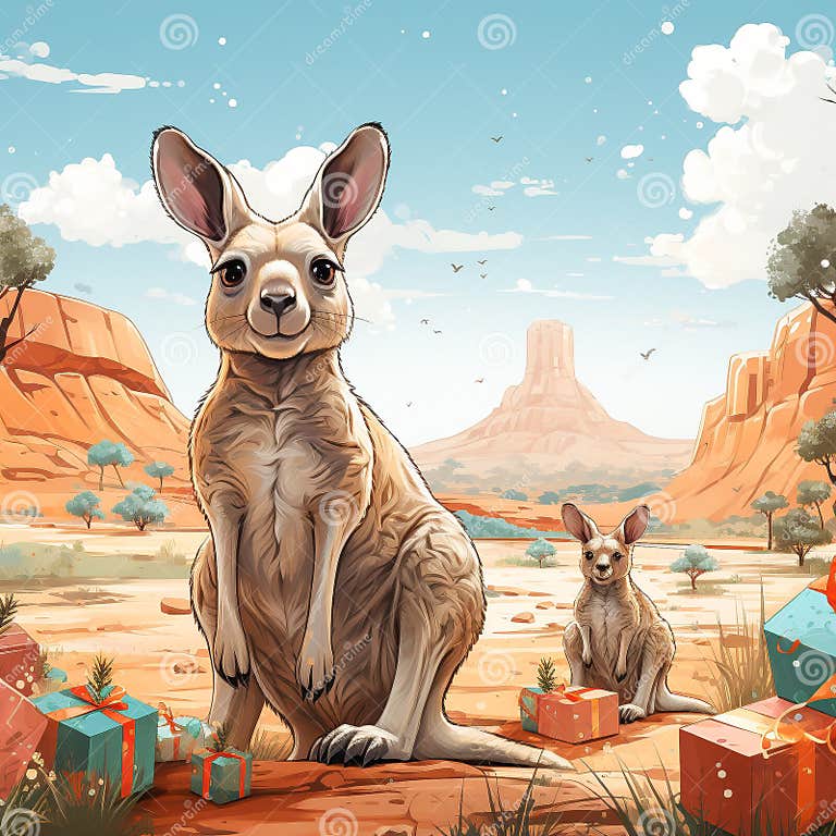 Australian Christmas Illustration With Kangaroos Or Wallabies In The
