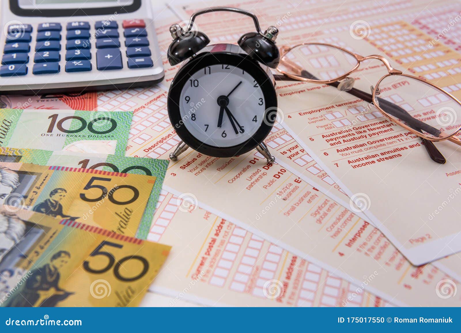 Australian Dollars, Clock and Calculator on Tax Form Stock Photo ... Australian Dollars, Clock and Calculator on Tax Form Stock Photo ...