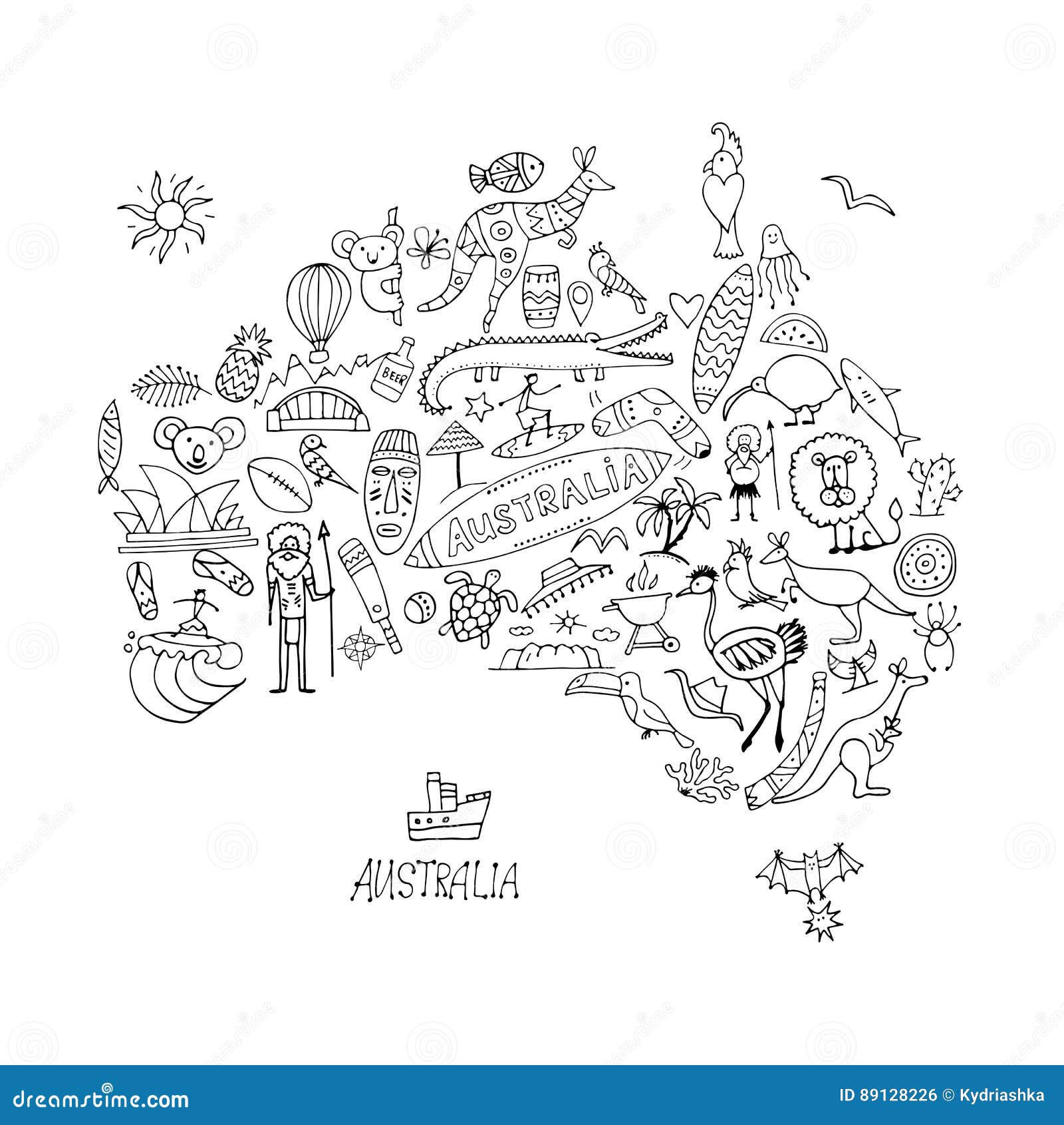 Australian Map with Icons Set, Sketch for Your Design Stock Vector ...