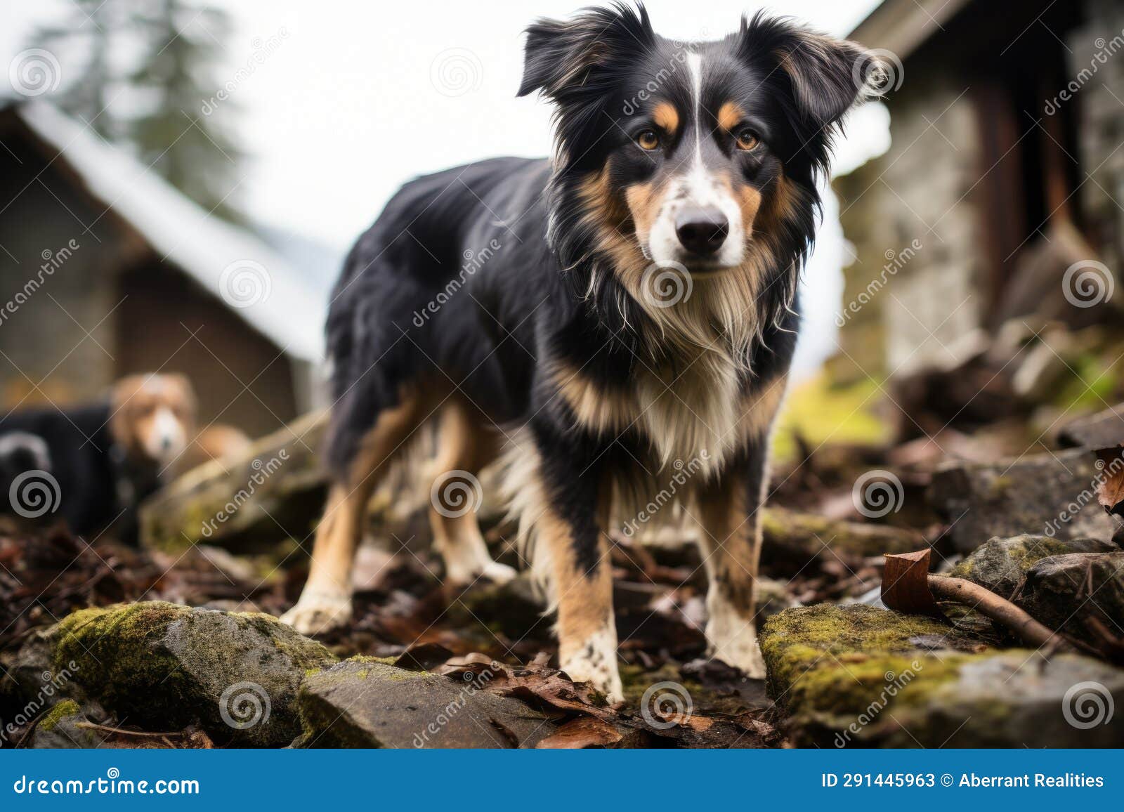 Australian Shepherd Dog Standing on Rocks in Front of a Barn Stock ...
