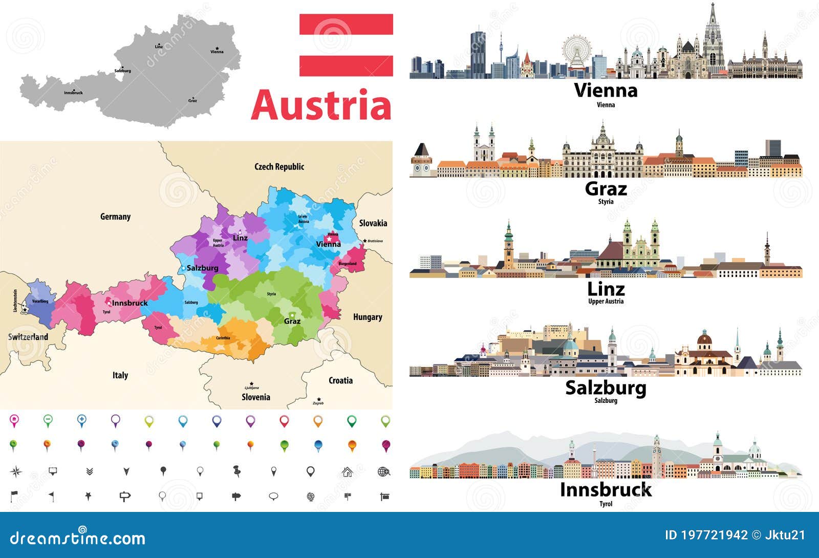 Austria Map Colored by States Showing Districts Boundaries, with ...