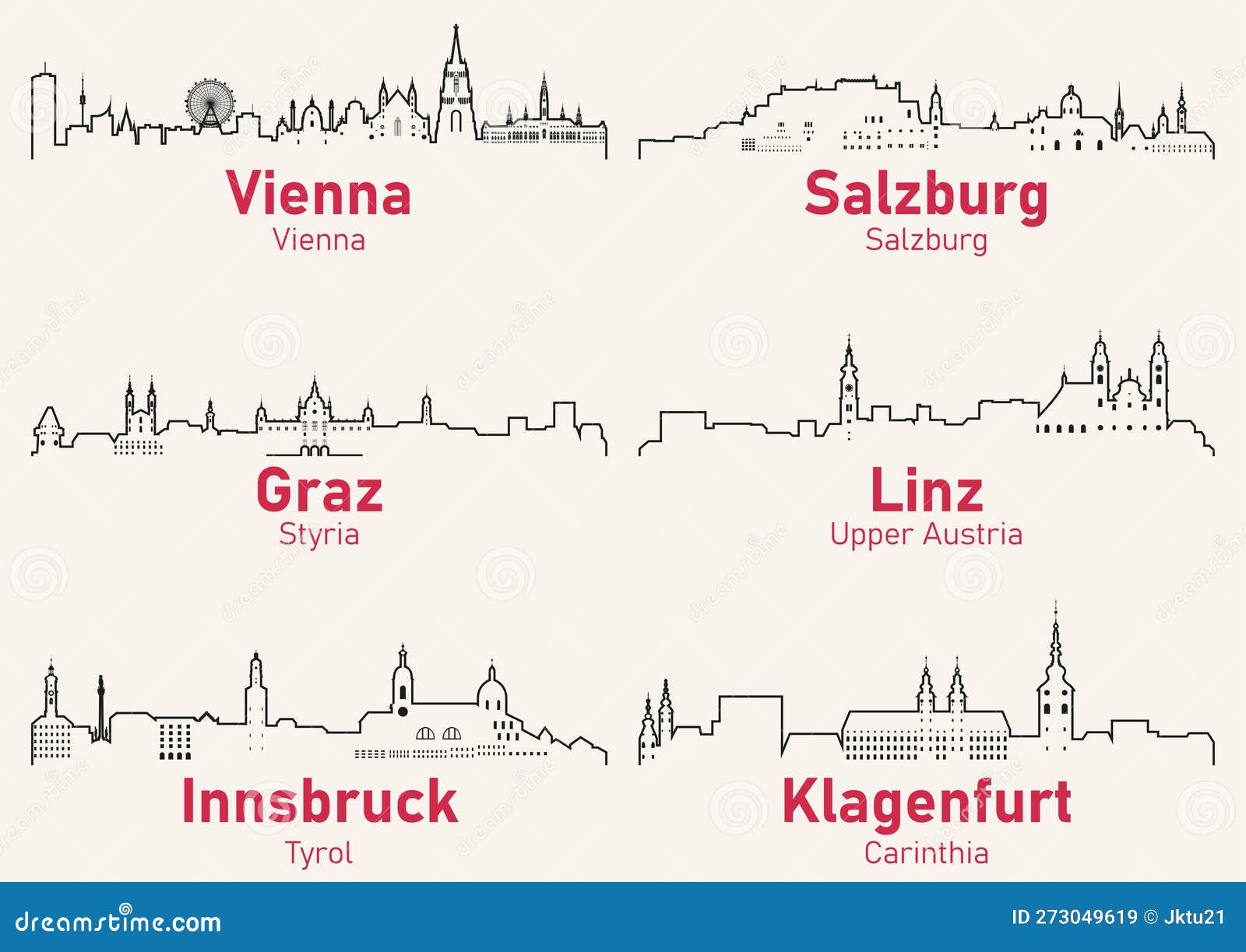 Austria Cities Outline Skylines Vector Set Stock Vector - Illustration ...