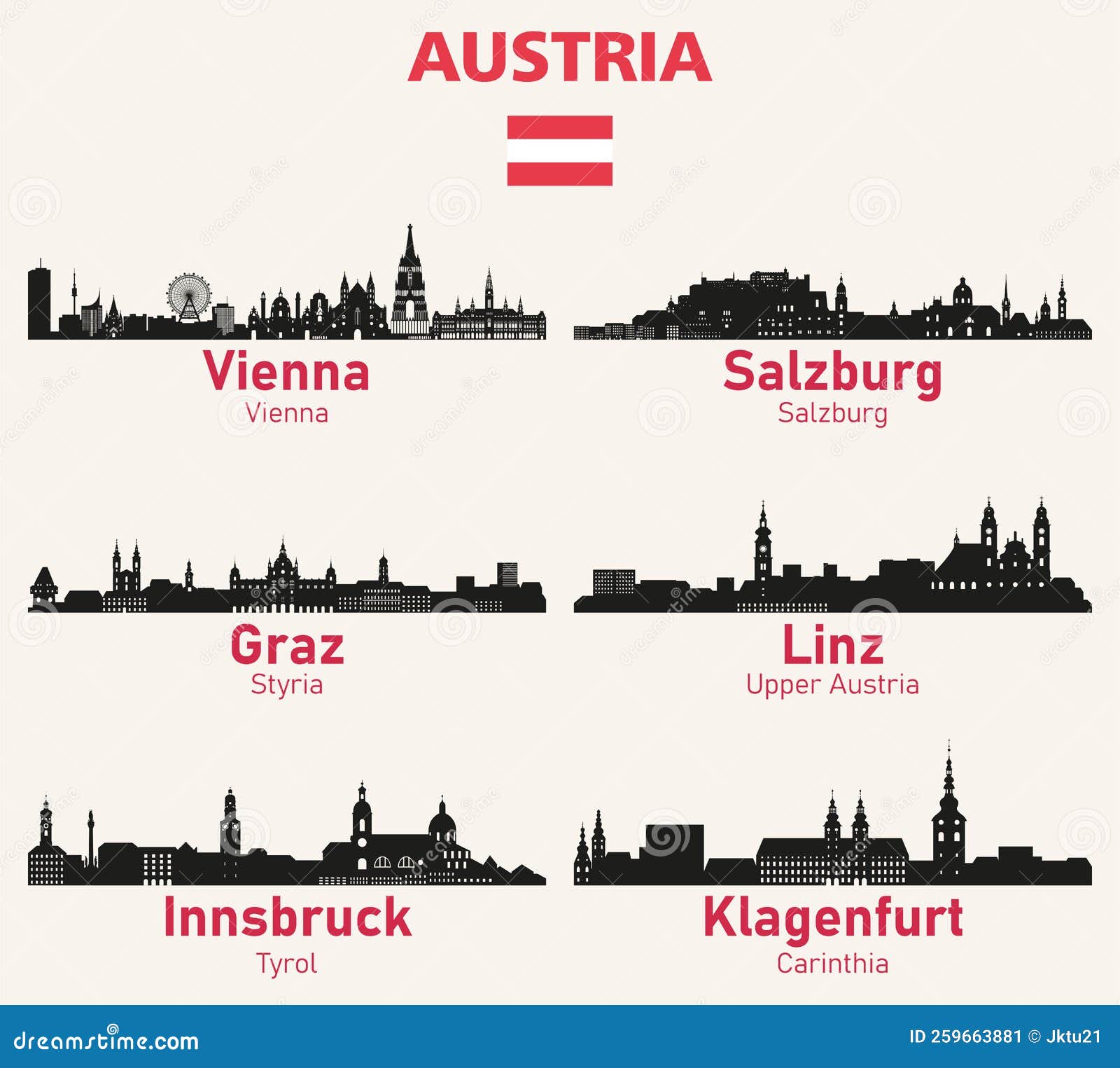 Austria Cities Skylines Silhouettes Vector Set Stock Vector ...