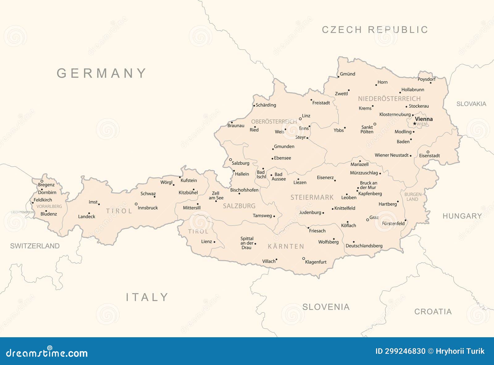 Austria - Detailed Blue Country Map With Cities, Regions, Location On ...