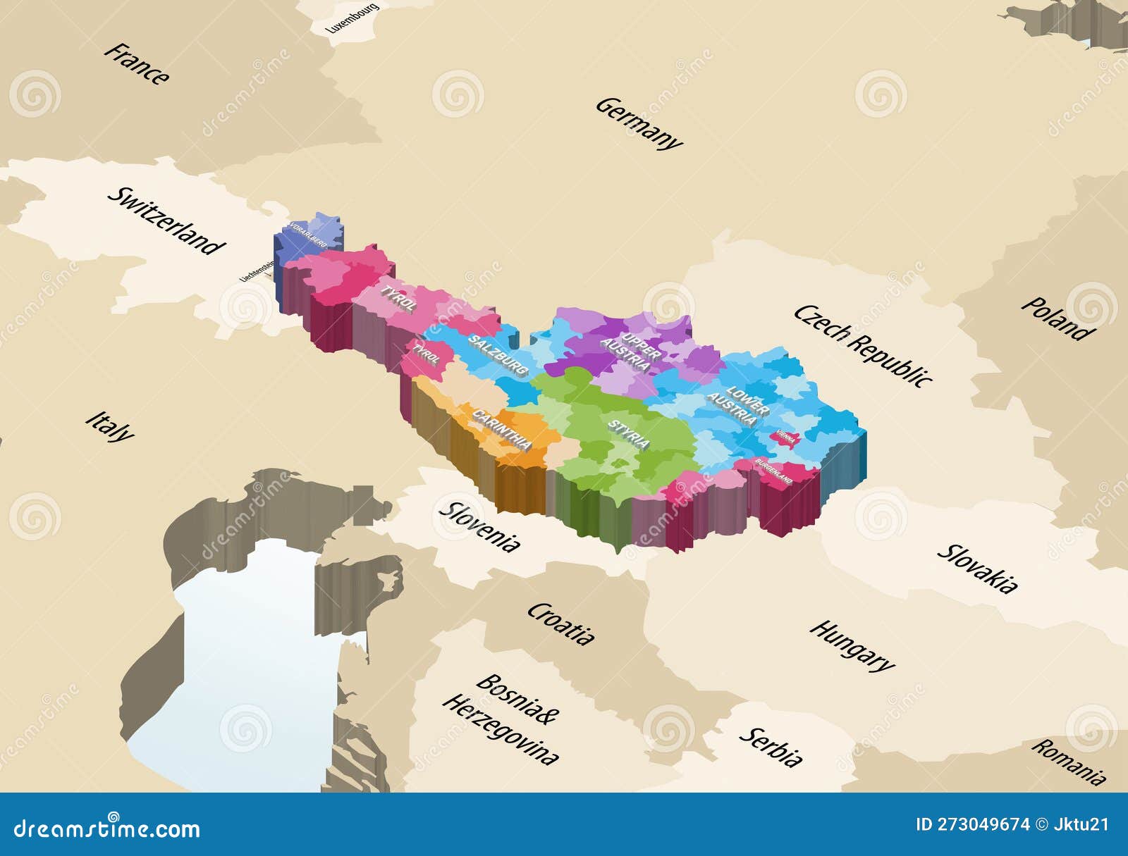 Austria Districts Colored by Regions Isometric Map with Neighbouring ...