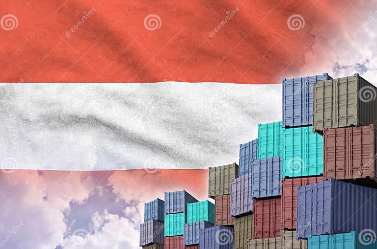 Austria Flag and Big Stack of Shipping Cargo Containers in Docks with ...