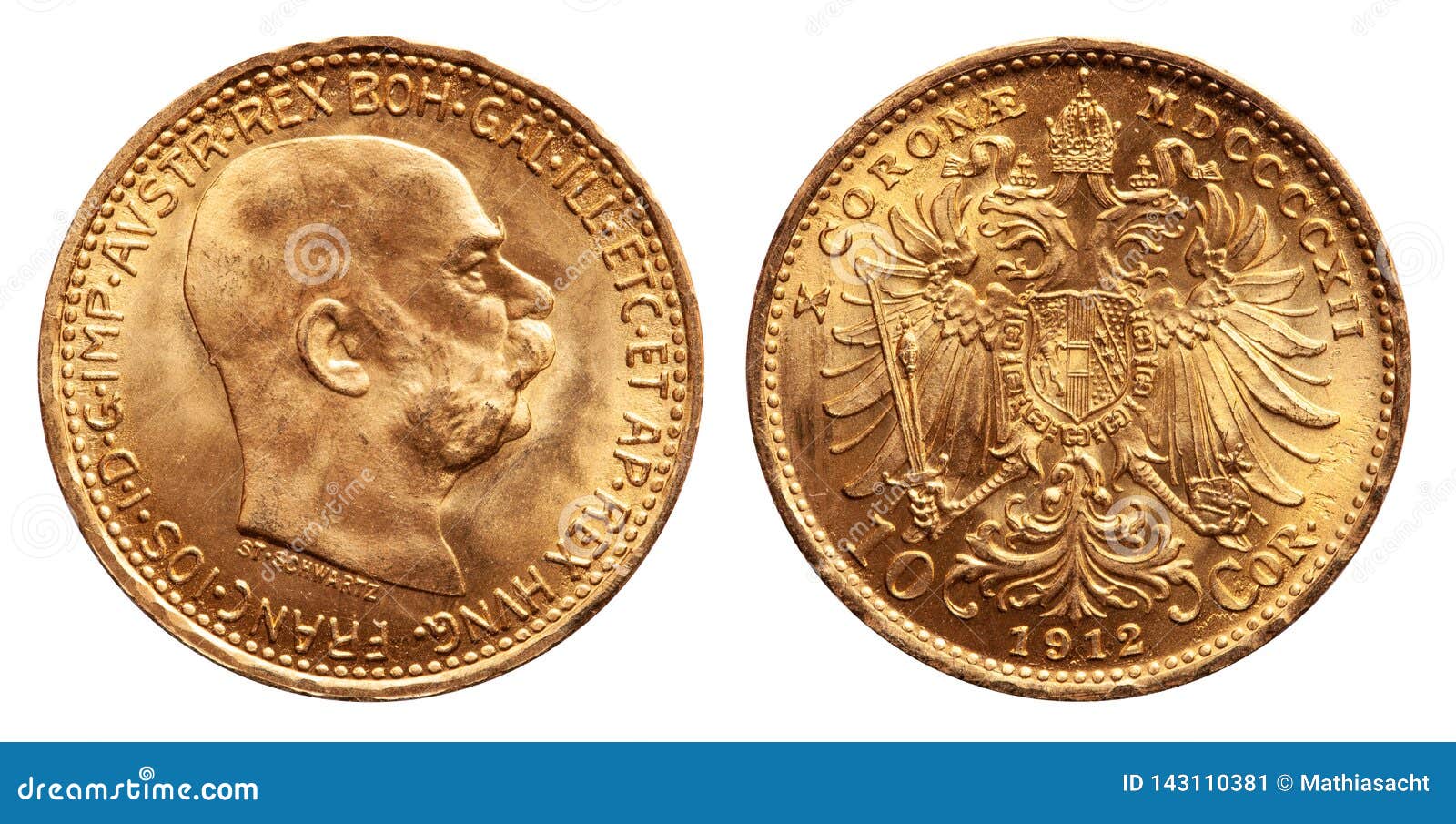 Austria Gold Coin 10 Kronen Vintage 1912 Stock Image - Image of crown ...