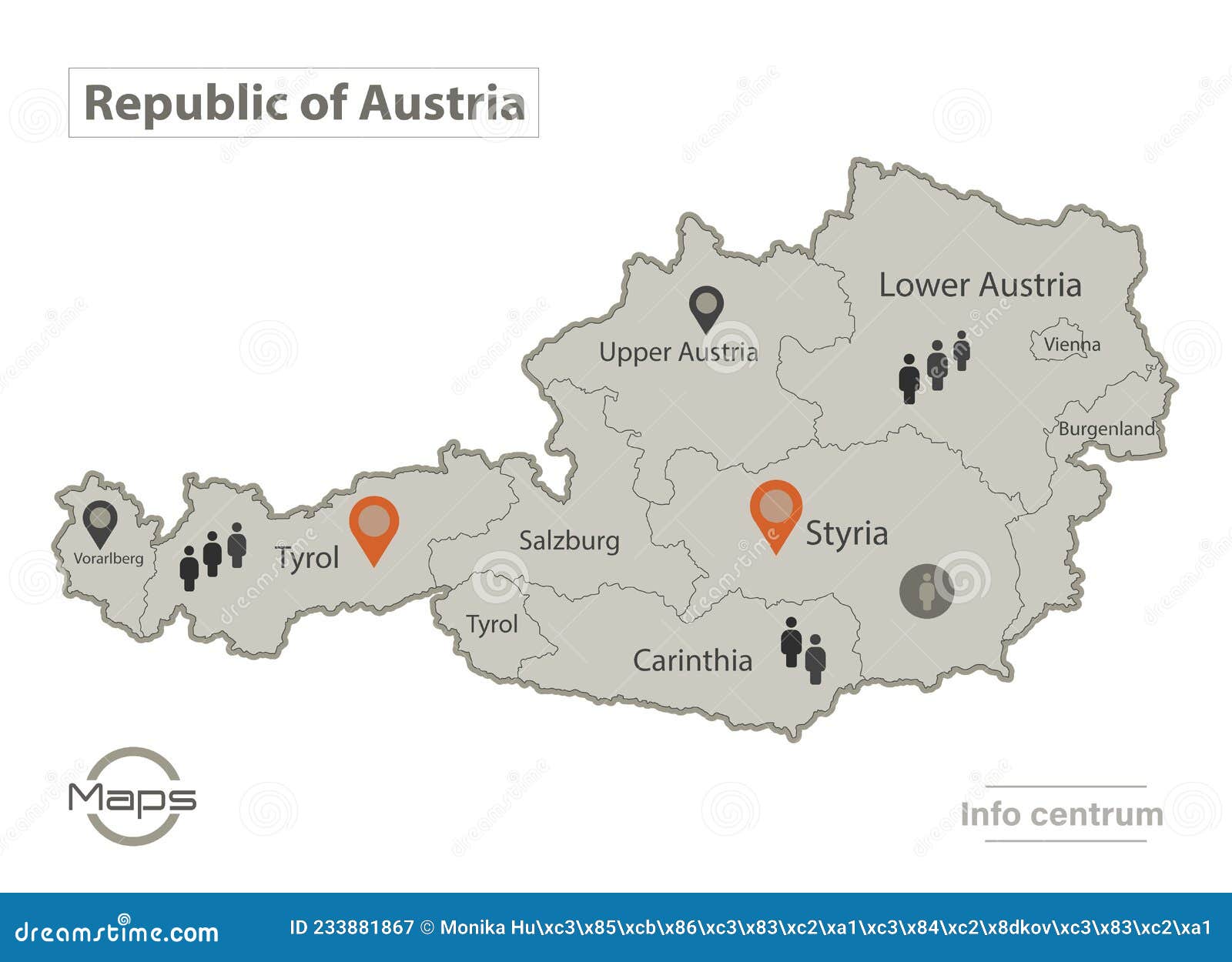 Austria Map, Infographics Flat Design Colors Snow White, With Names Of ...
