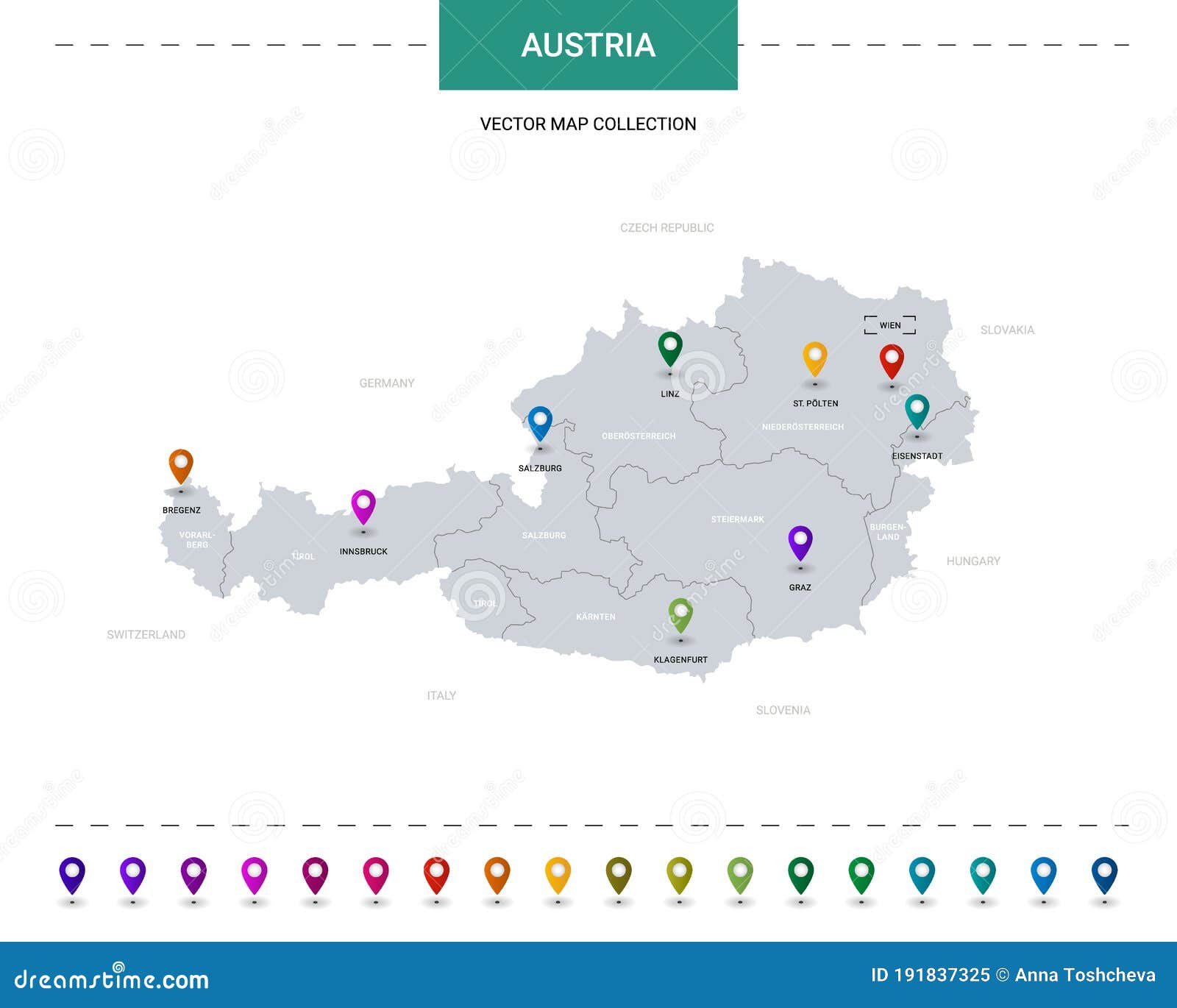 Austria Map, Separate Regions With Names, Infographics Blue Flat Design ...
