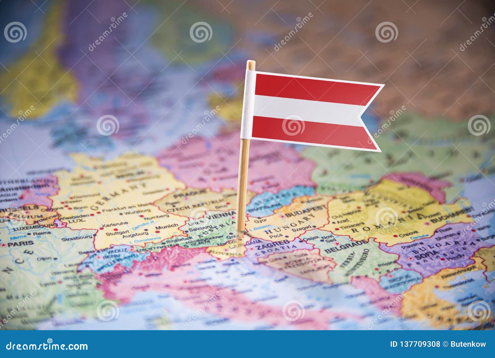 Austria Marked with a Flag on the Map Stock Photo - Image of ...