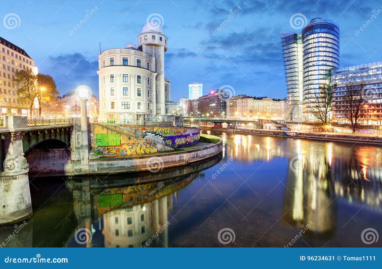 Austria, Modern Vienna with Danube Canal at Night, Wien Editorial Photo ...