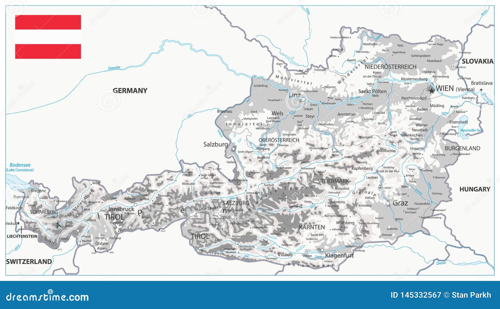 Austria Physical Map White and Grey Stock Vector - Illustration of city ...