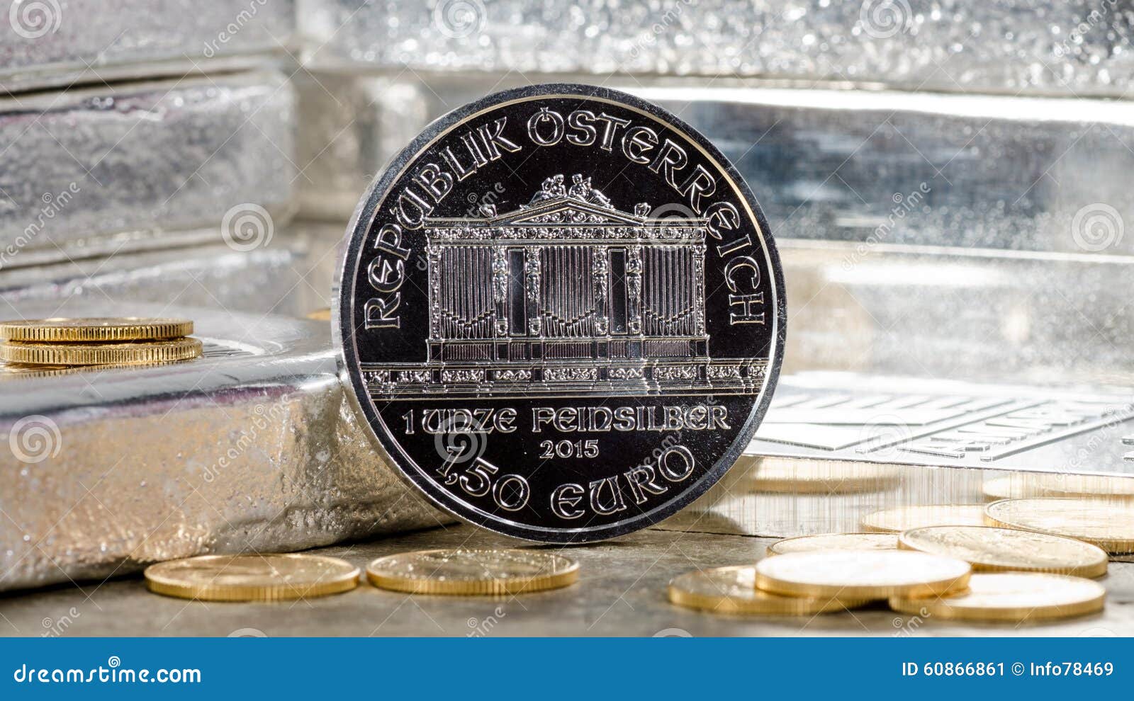 Austria Silver Coin with Silver Bars & Gold Coins Stock Image - Image ...