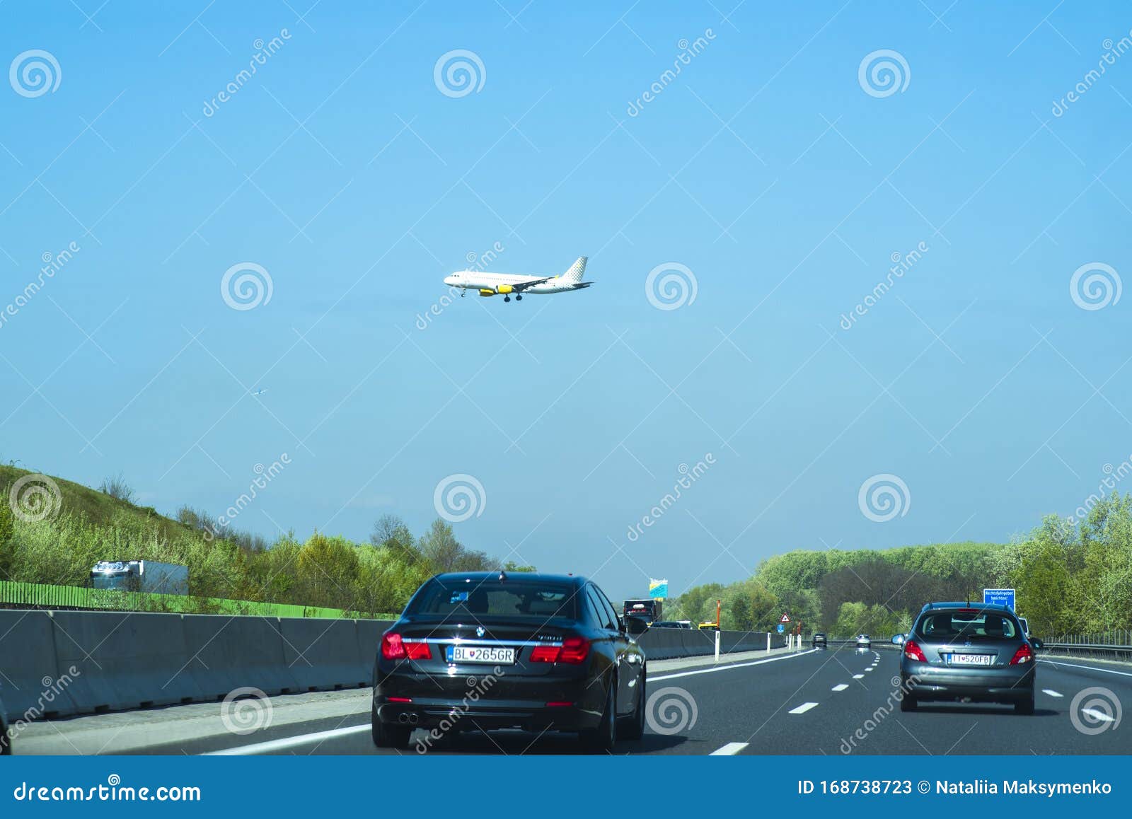 18.04.2019 Austria.Vien.the Plane Flies through the Highway. View of ...