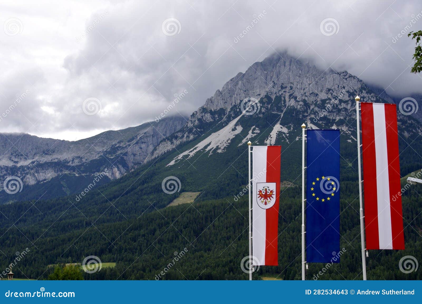 Austrian and EU Flags Flying with Heho Salve Mountain Behind. Söll ...