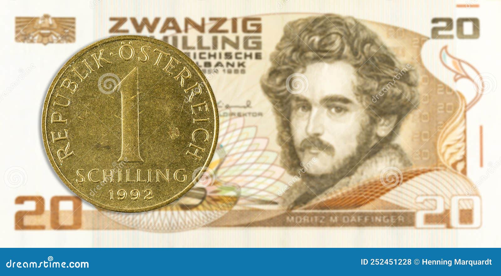 1 Austrian Schilling Coin Against 20 Austrian Schilling Bank Note Stock ...