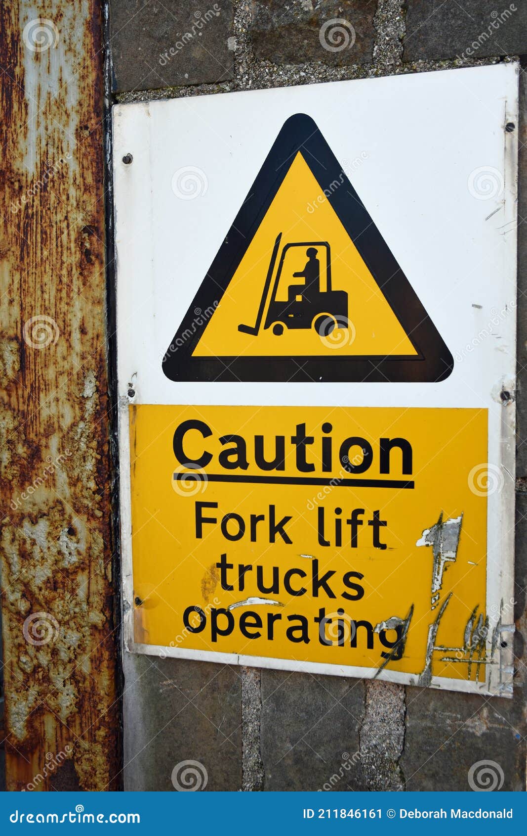 Authentic Caution Fork Lift Trucks Operating Sign with Industrial Wall ...