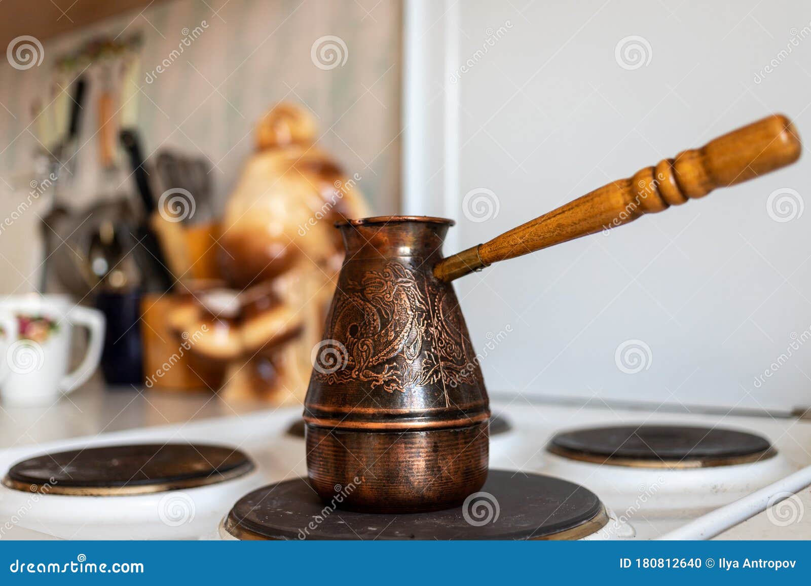 An Authentic Coffee Maker Stands on the Stove of an Ordinary Kitchen ...