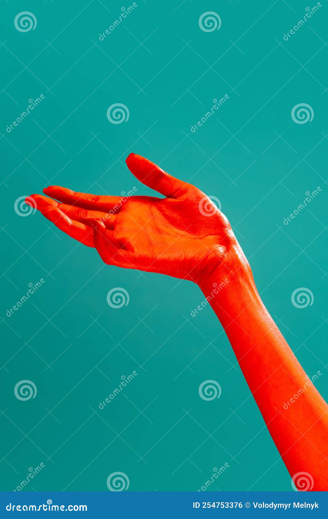 Authentic Hands Gesturing Isolated on Cyan Color Background in Red Neon ...