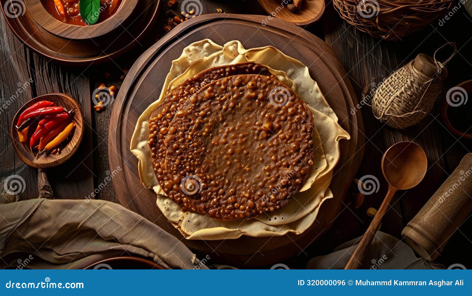 Authentic Injera (Ethiopian Flatbread) on Wooden Surface - Generative ...
