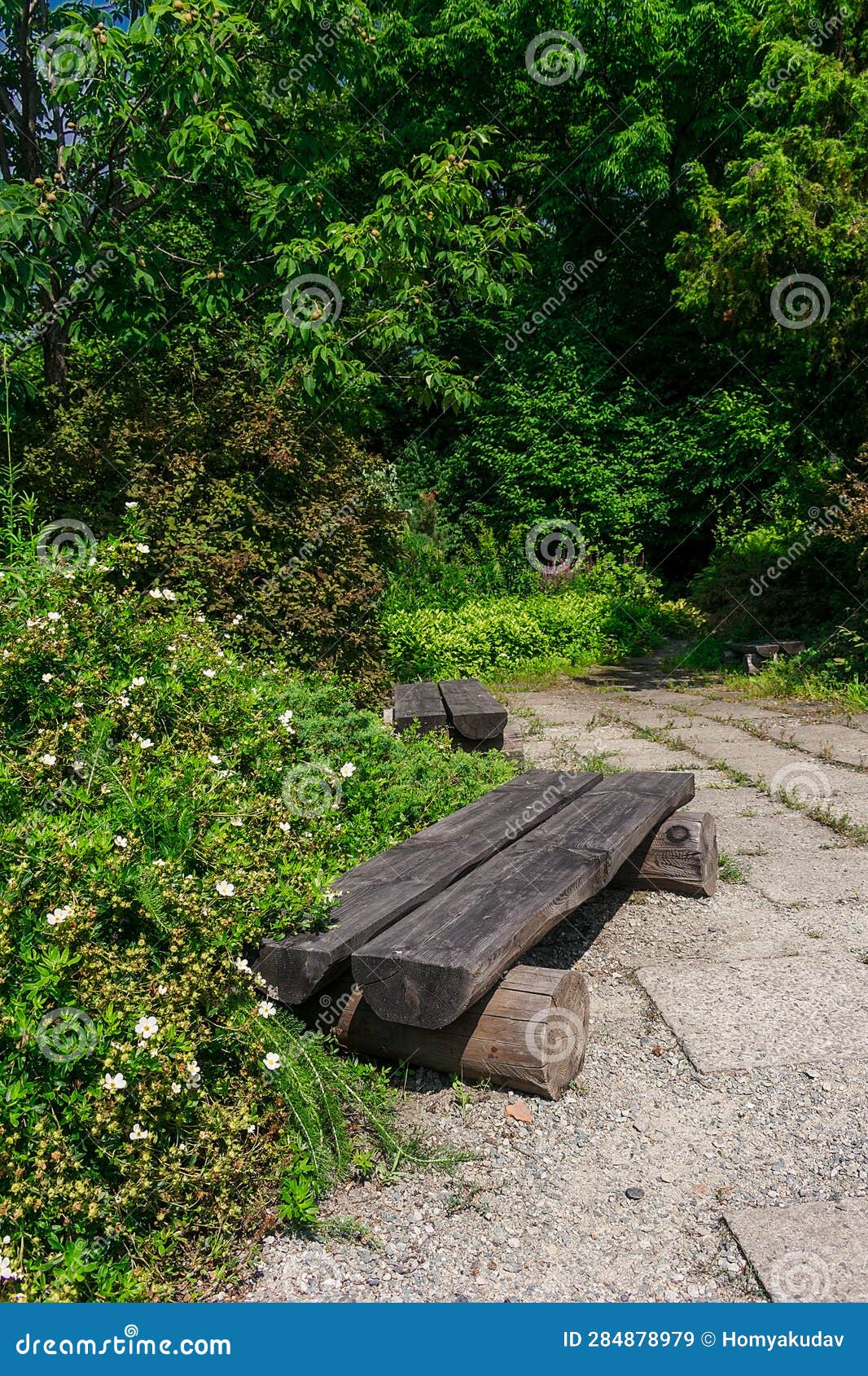 Authentic Log Bench in the Garden among Green Vegetation. Stock Image ...