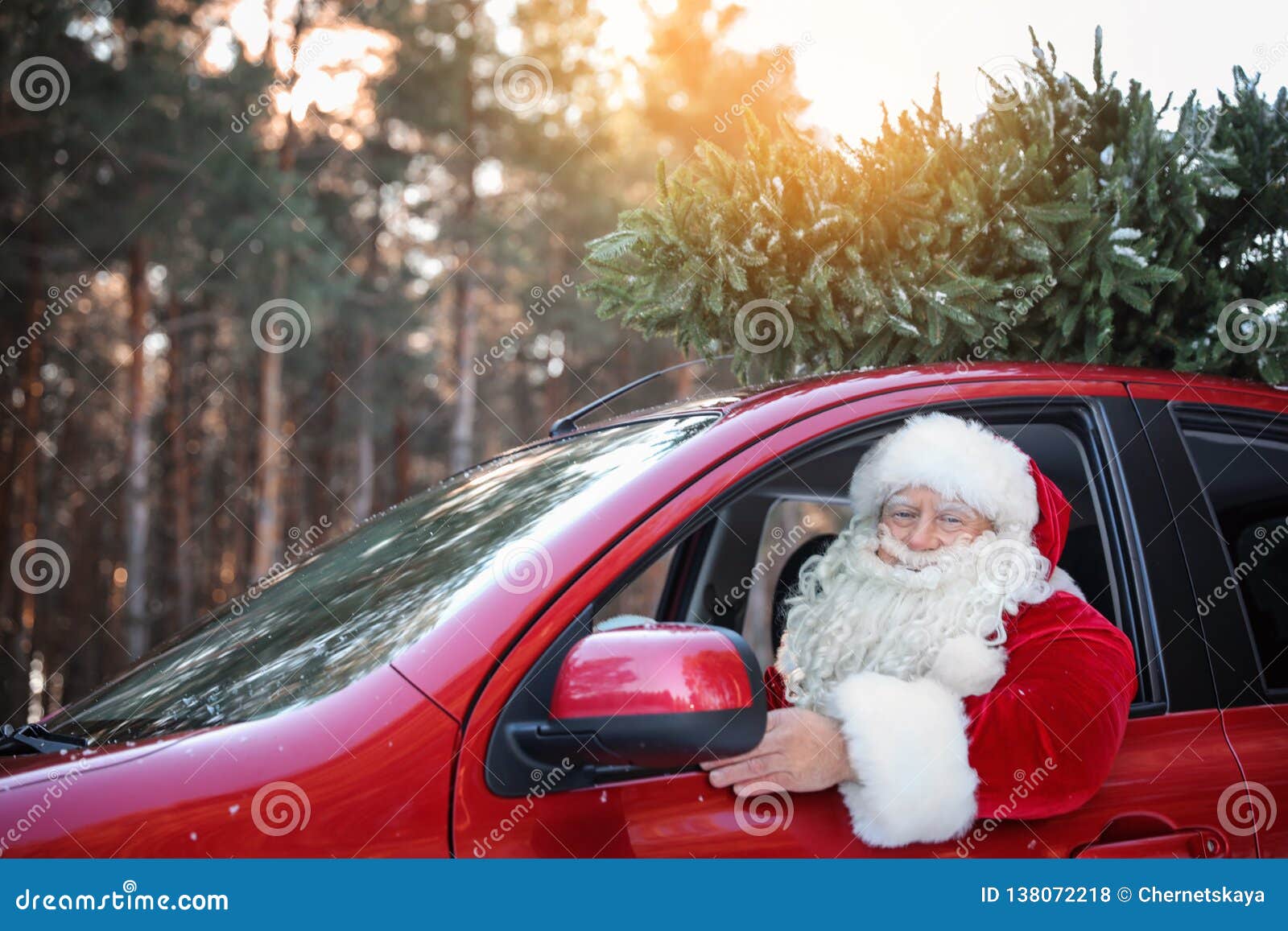 Authentic Santa Claus Driving Car with Christmas Tree Stock Photo ...