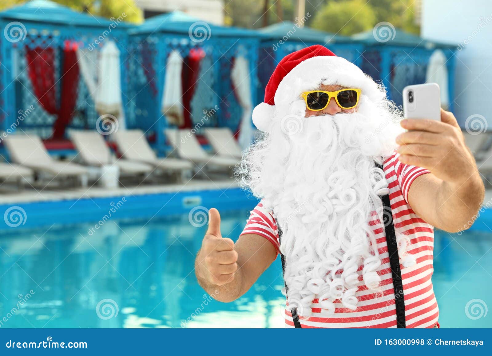 Authentic Santa Claus Taking Selfie Near Pool Stock Photo - Image of ...