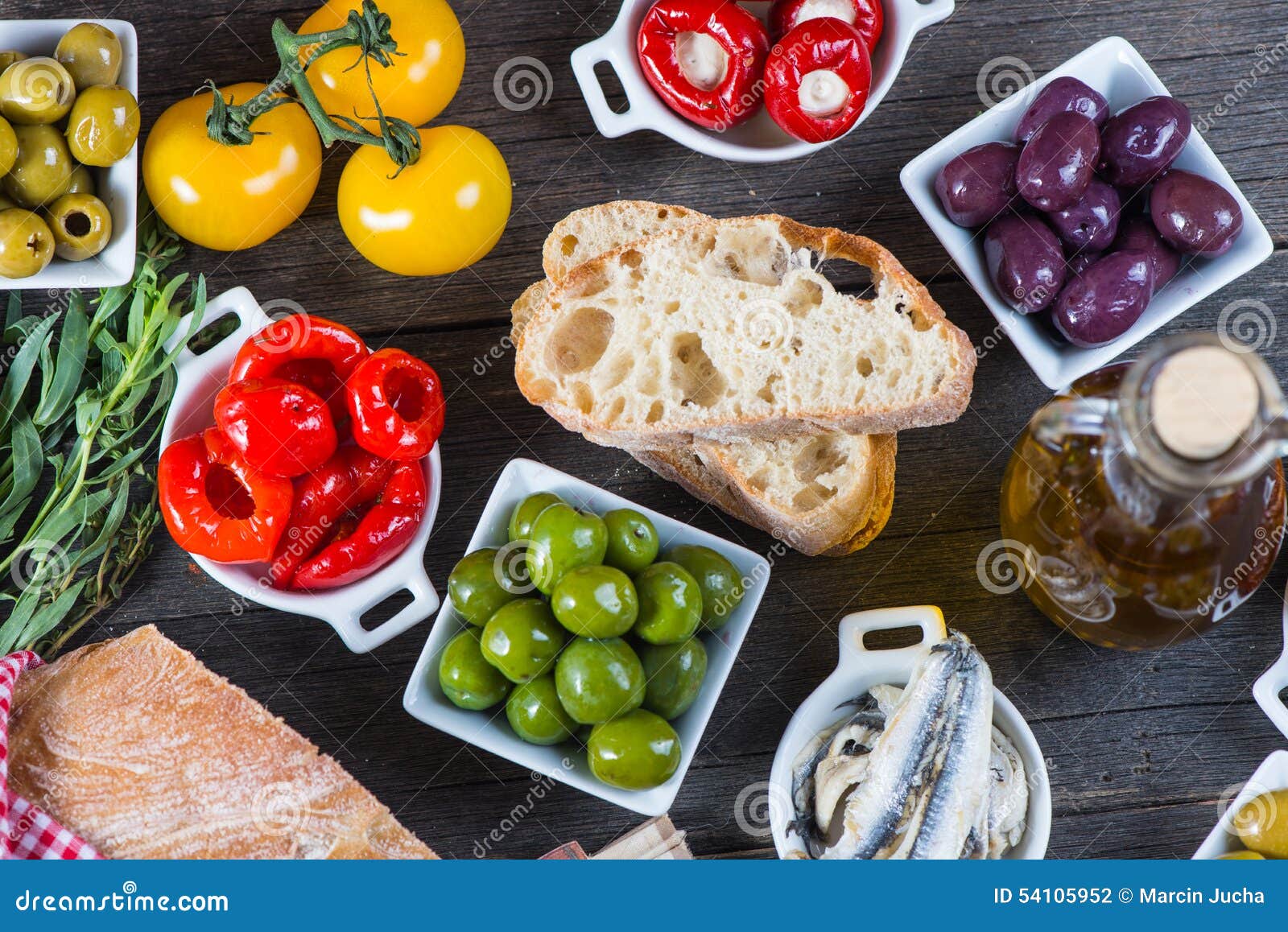 Authentic Spanish Tapas Selection on Wooden Table from Above Stock ...