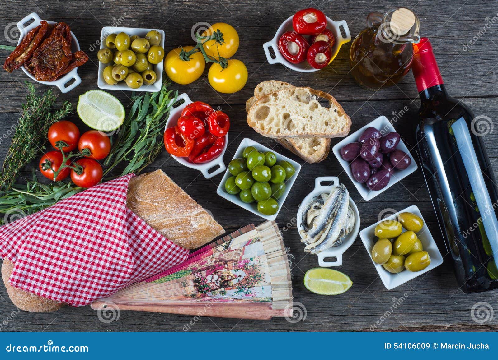 Authentic Spanish Tapas Selection on Wooden Table from Above Stock ...