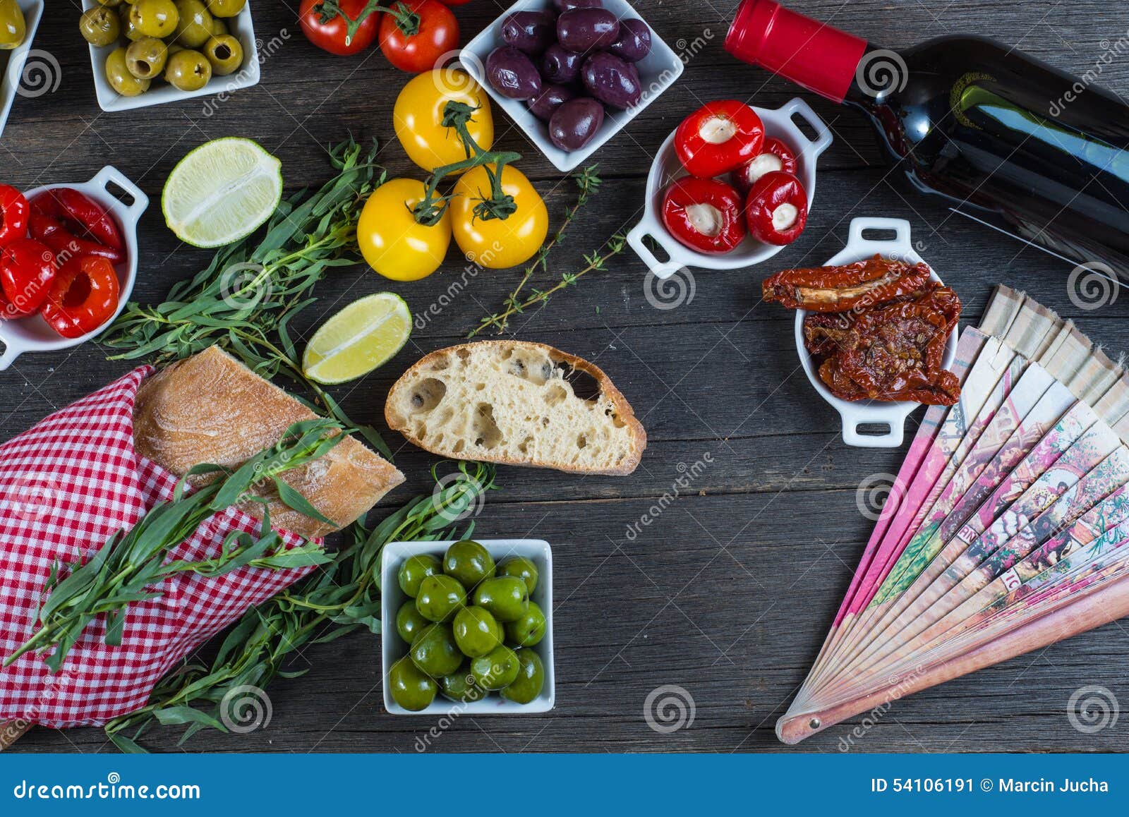 Authentic Spanish Tapas Selection on Wooden Table from Above Stock ...