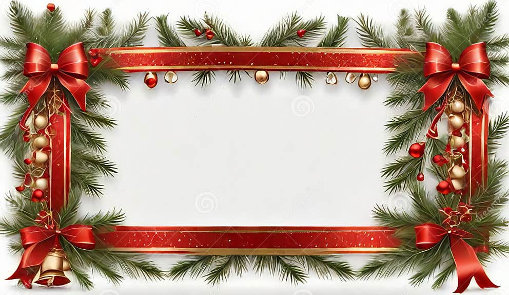 Authentic Sparkling Fir-Tree Rectangle Frame with Red Bow and Bells ...