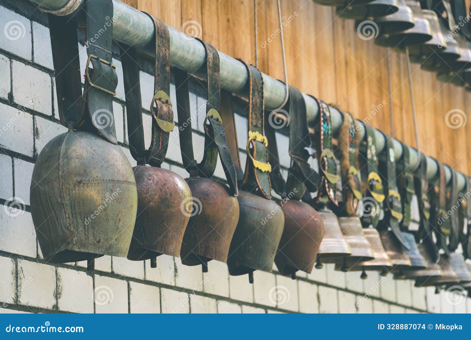 Authentic Swiss Cowbells Hanging Up in Storage Stock Photo - Image of ...
