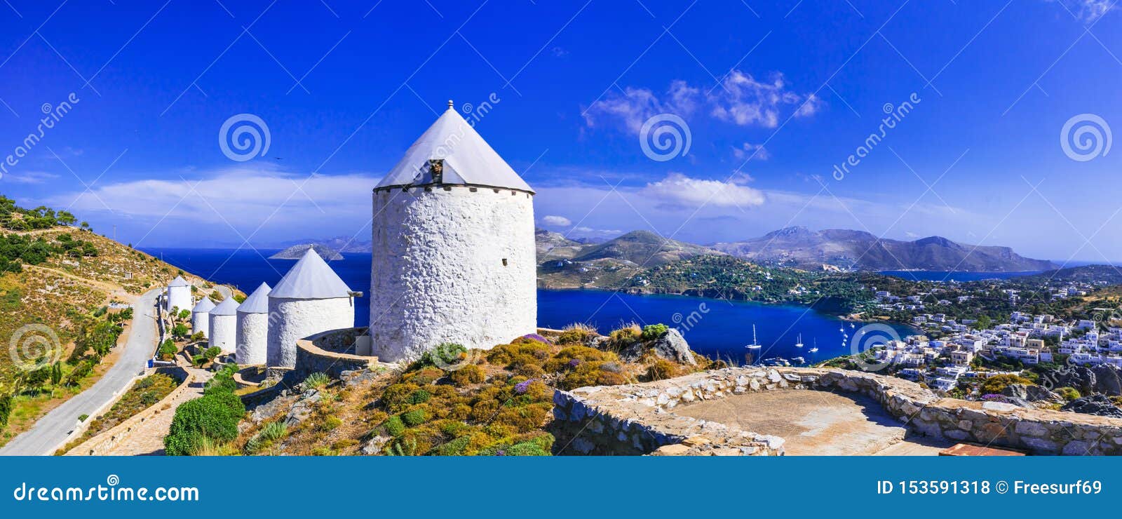 Authentic Traditional Greece - Windmills of Leros Island Stock Photo ...