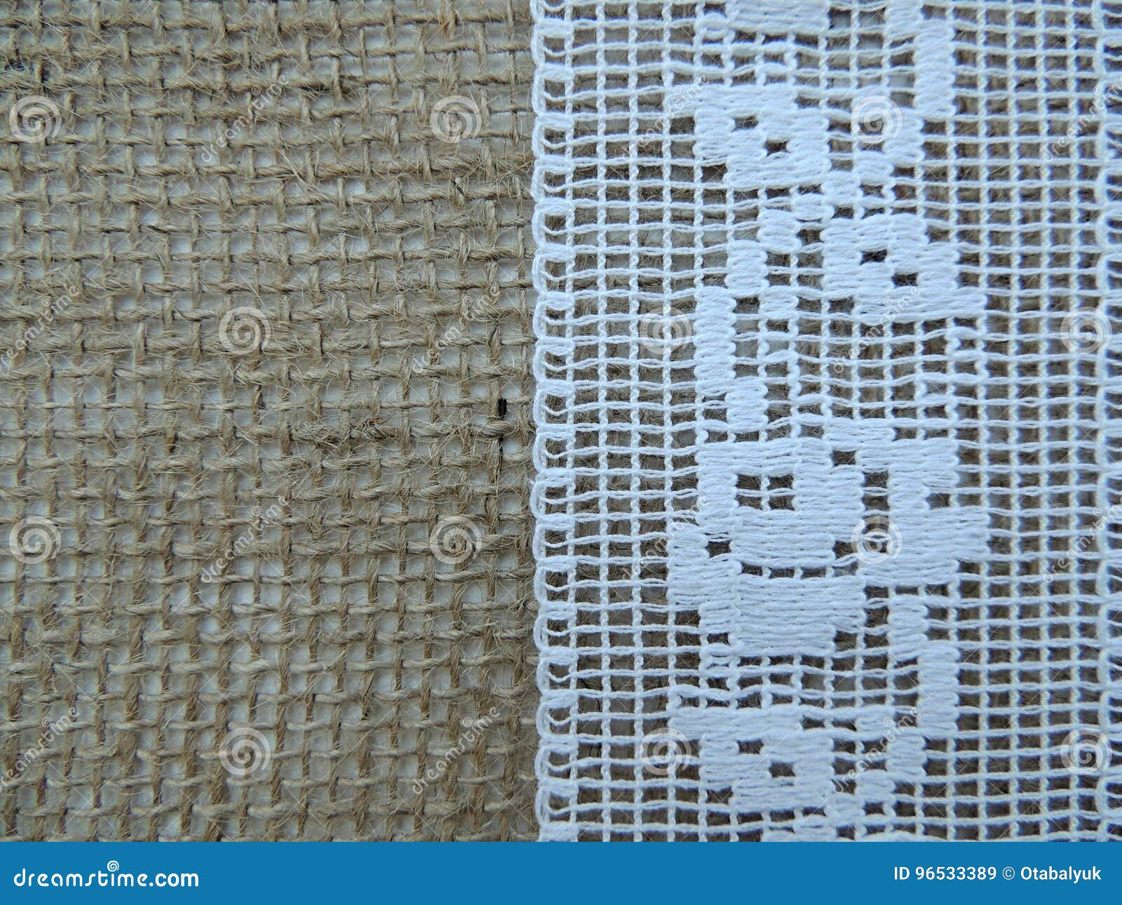 Authentic Vintage Rose Pattern Lace on Burlap Background. Stock Image ...