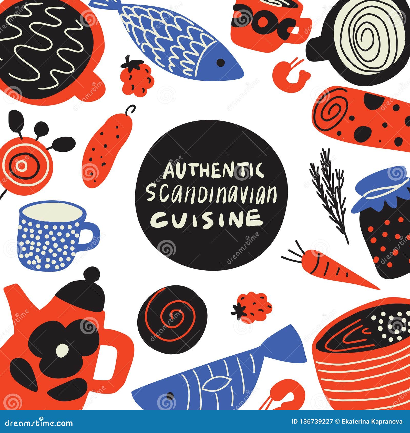 Authentical Scandinavian Cuisine. Hand Drawn Illustration of Different ...