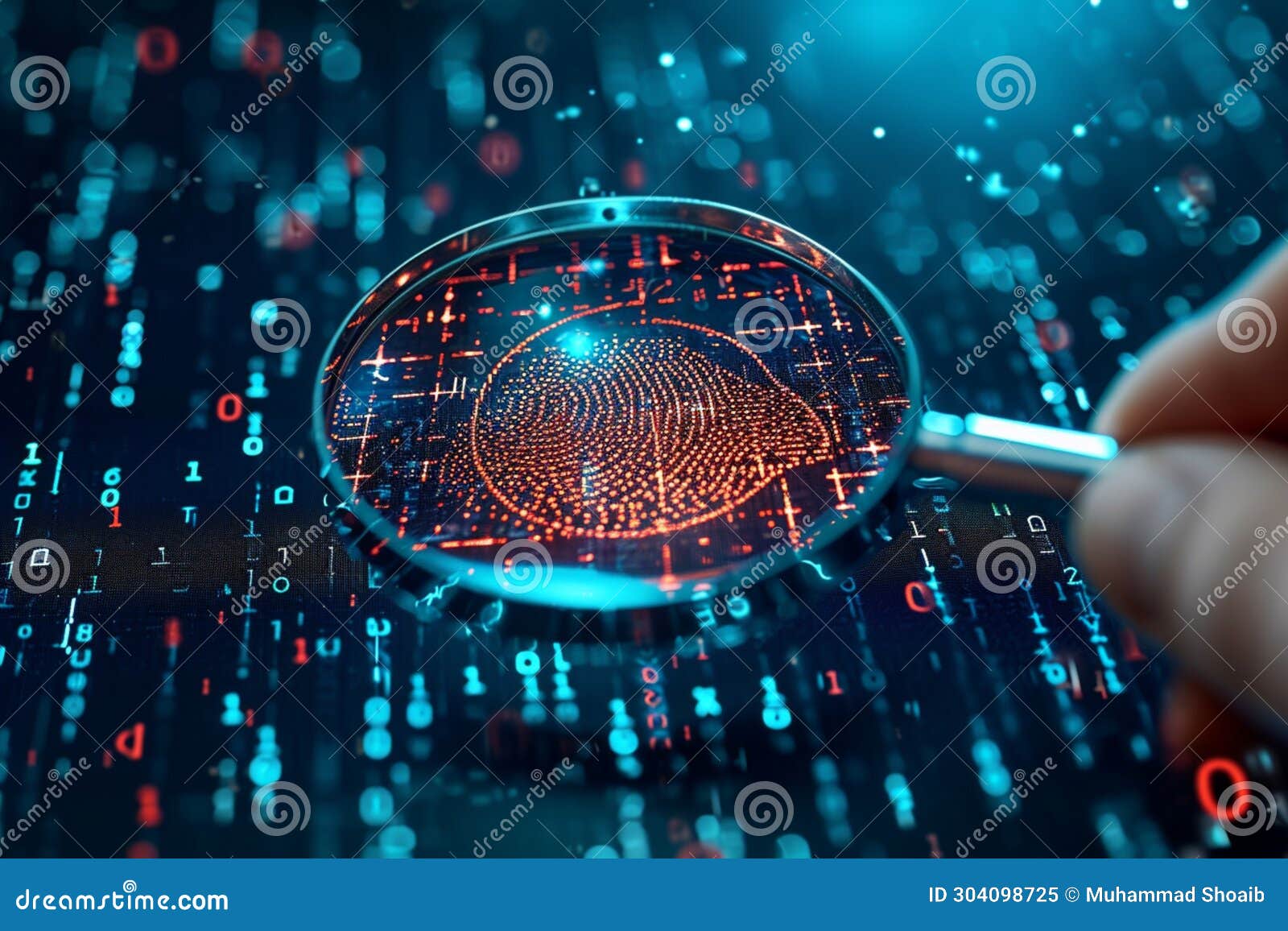 Authentication Synergy Magnifying Glass Inspects Biometrics With Binary Code Backdrop Stock