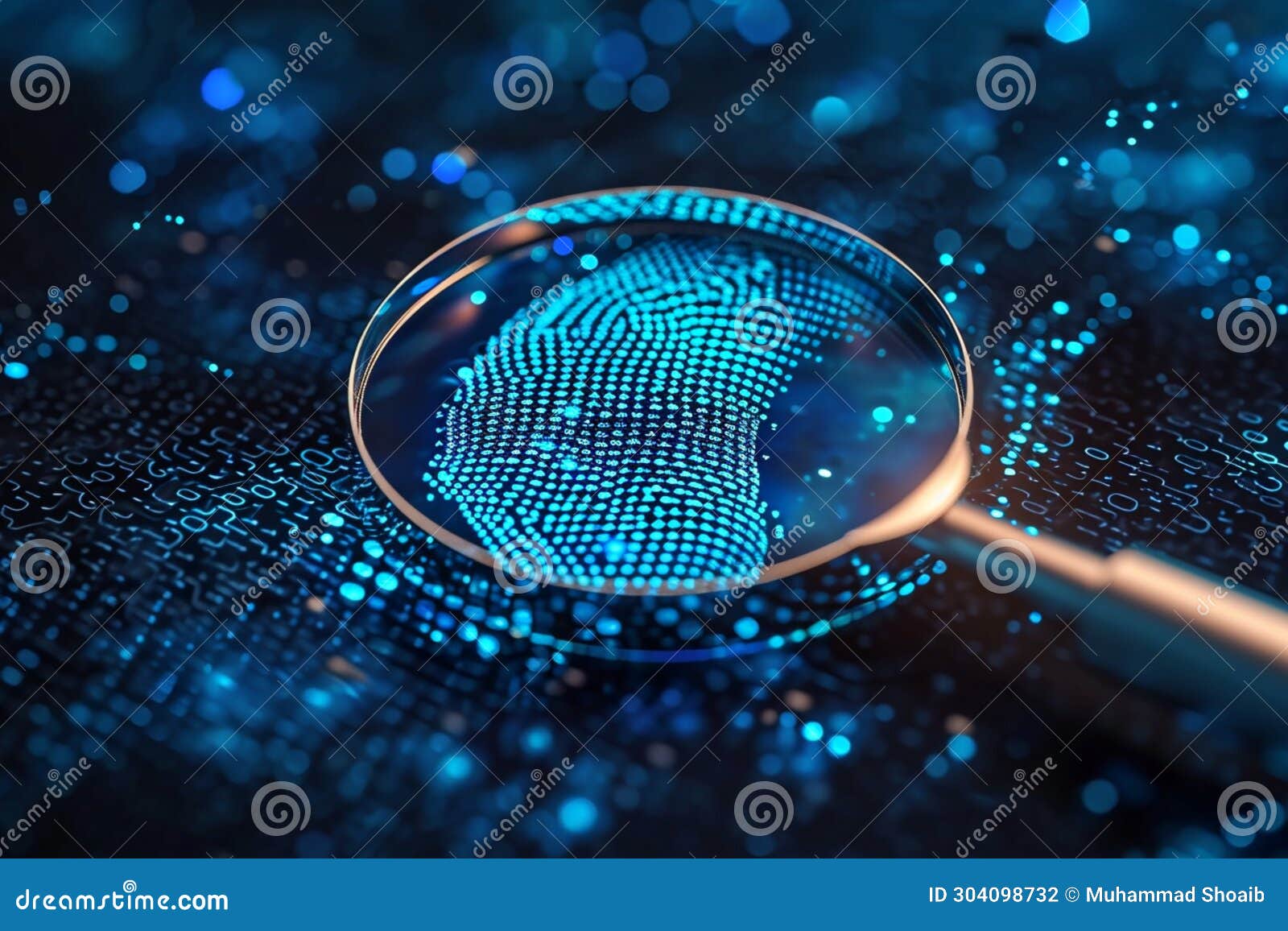 Authentication Synergy Magnifying Glass Inspects Biometrics With Binary Code Backdrop Stock