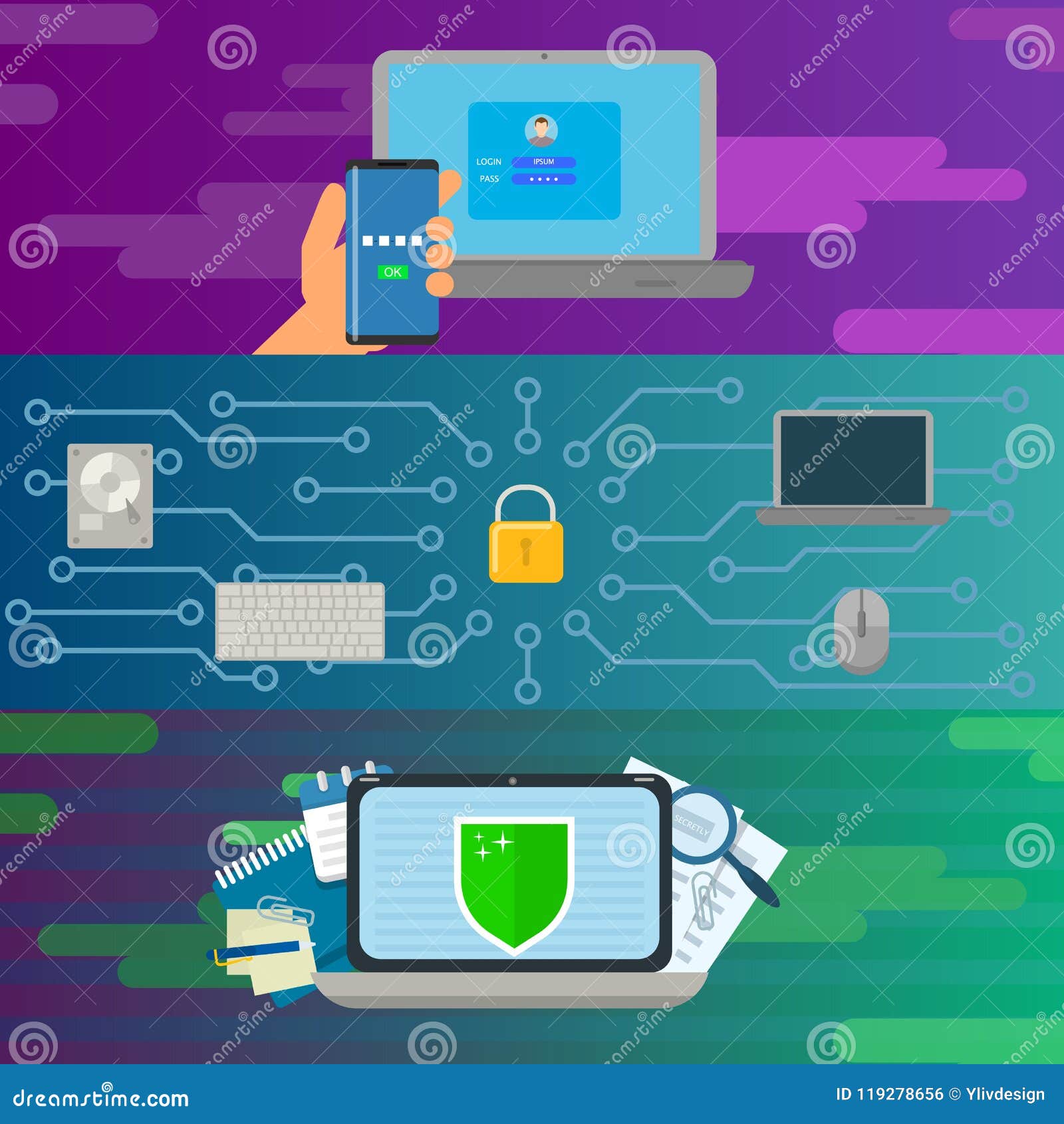 Authentification Banner Concept Set, Flat Style Stock Vector ...